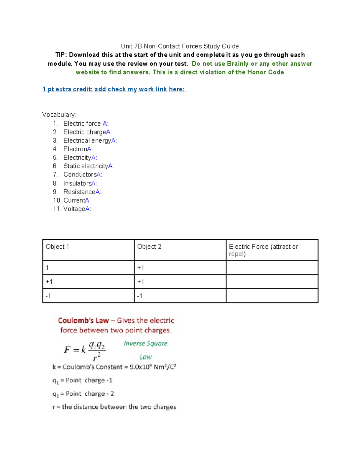 Copy of Unit 7B Non-Contact Forces Study Guide - Unit 7B Non-Contact ...