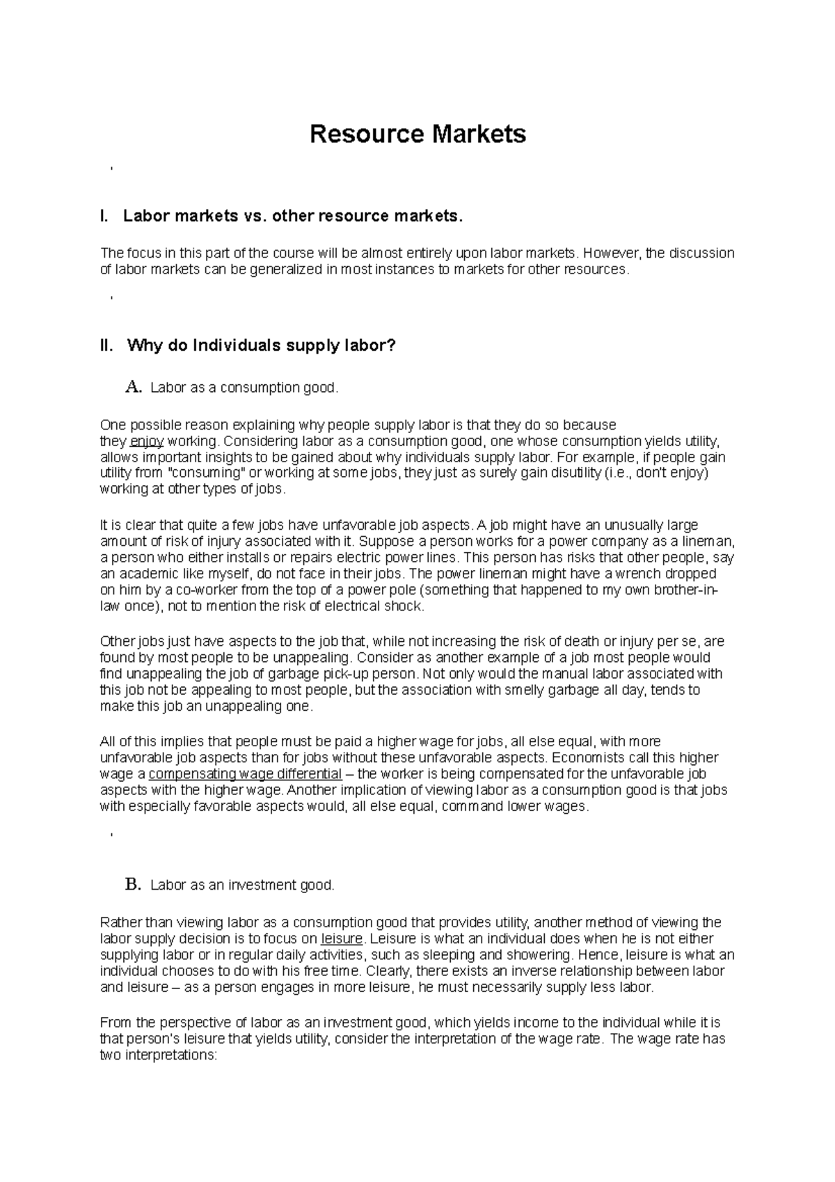 Resource Markets lecture notes - Resource Markets I. Labor markets vs ...