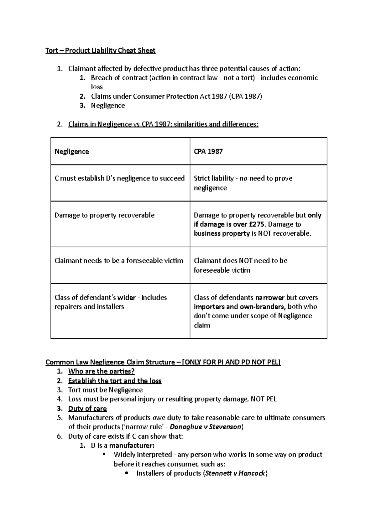 Tort – Product Liability Cheat Sheet - Damage to business property is ...