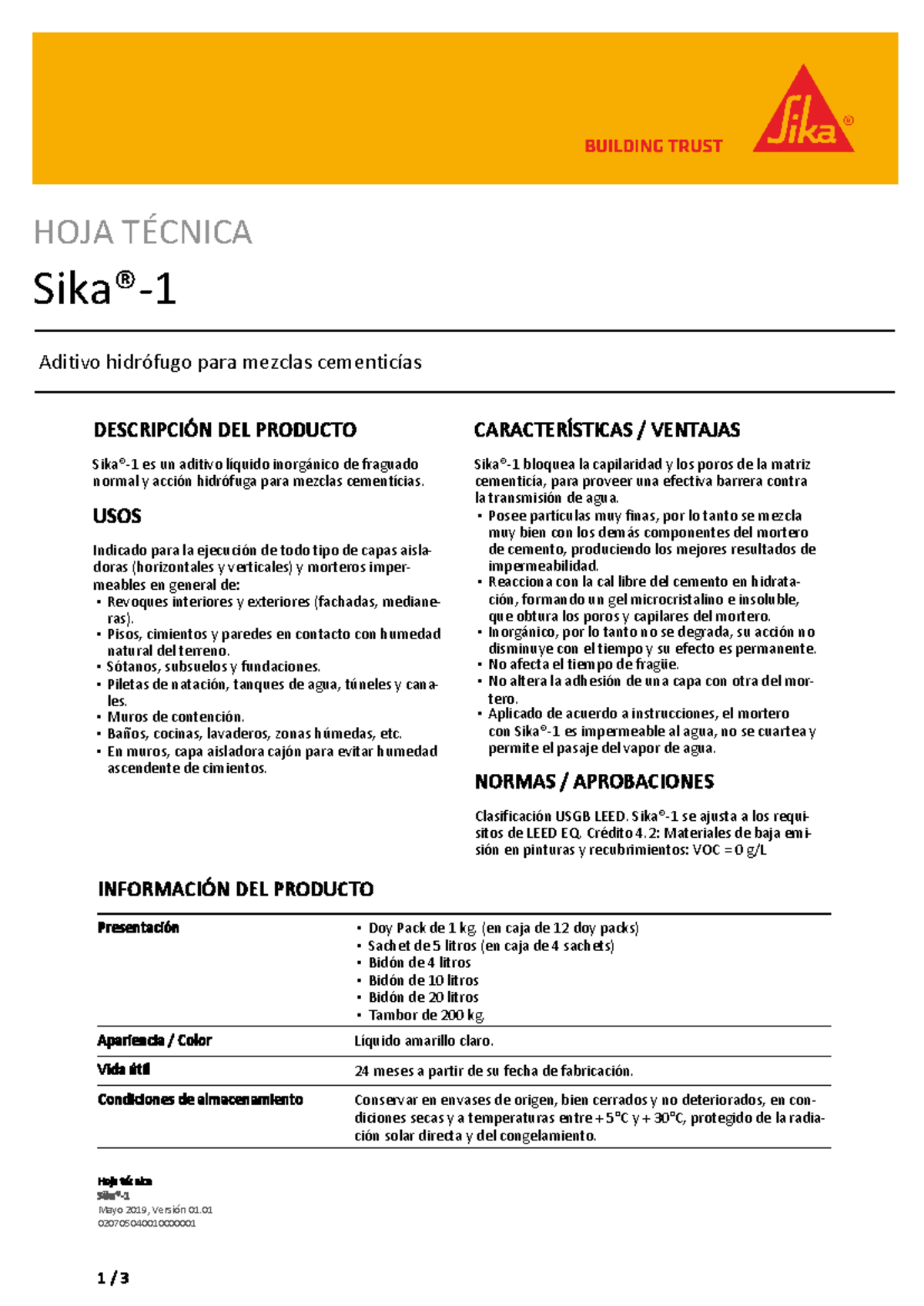 Sika-1 - Manual sika hidrófugo - Hoja técnica Sika®- Mayo 2019, Versión 01. 020705040010000001 ...