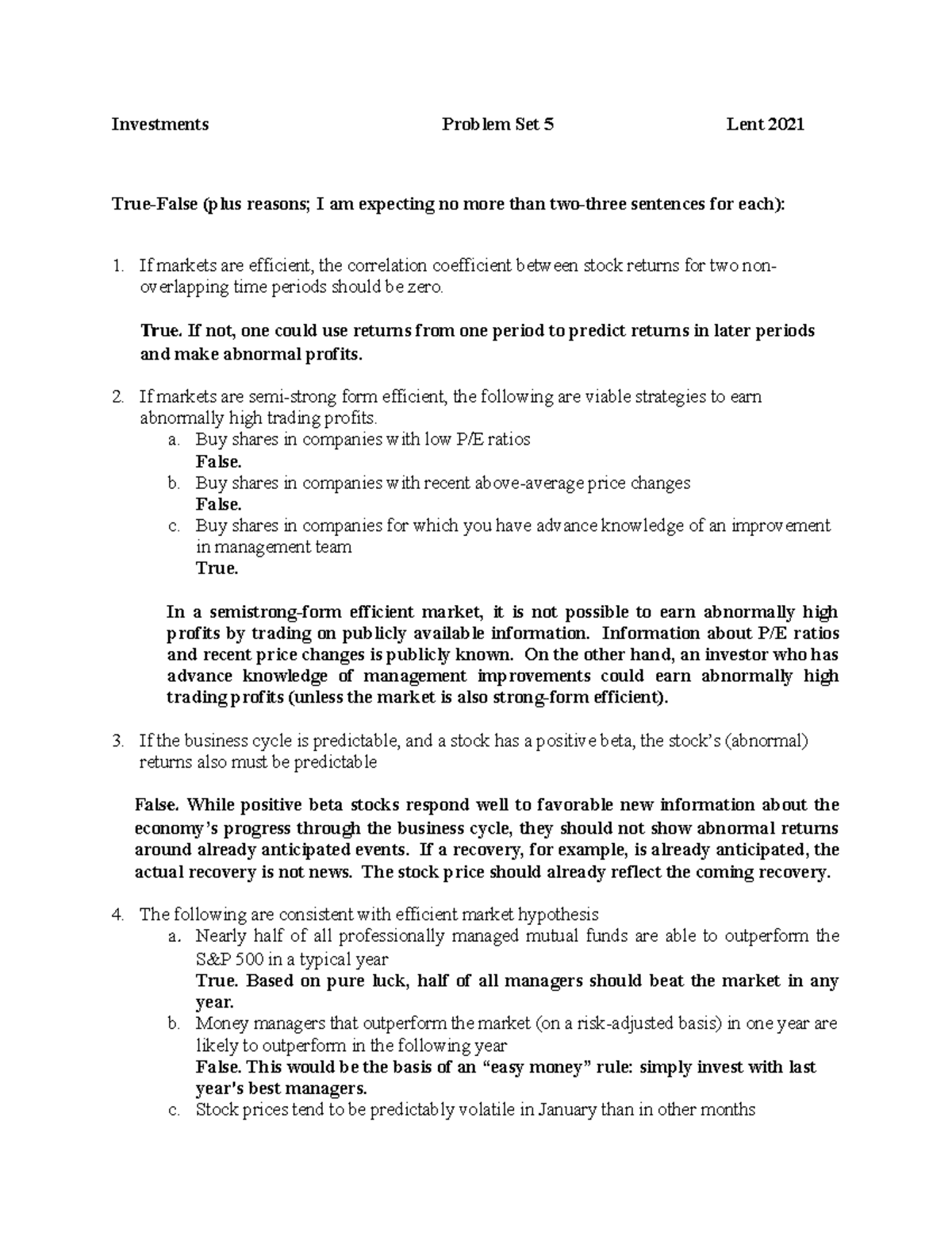 Investments Problem Set 5 Solutions - Investments Problem Set 5 Lent 2021 True-False (plus ...