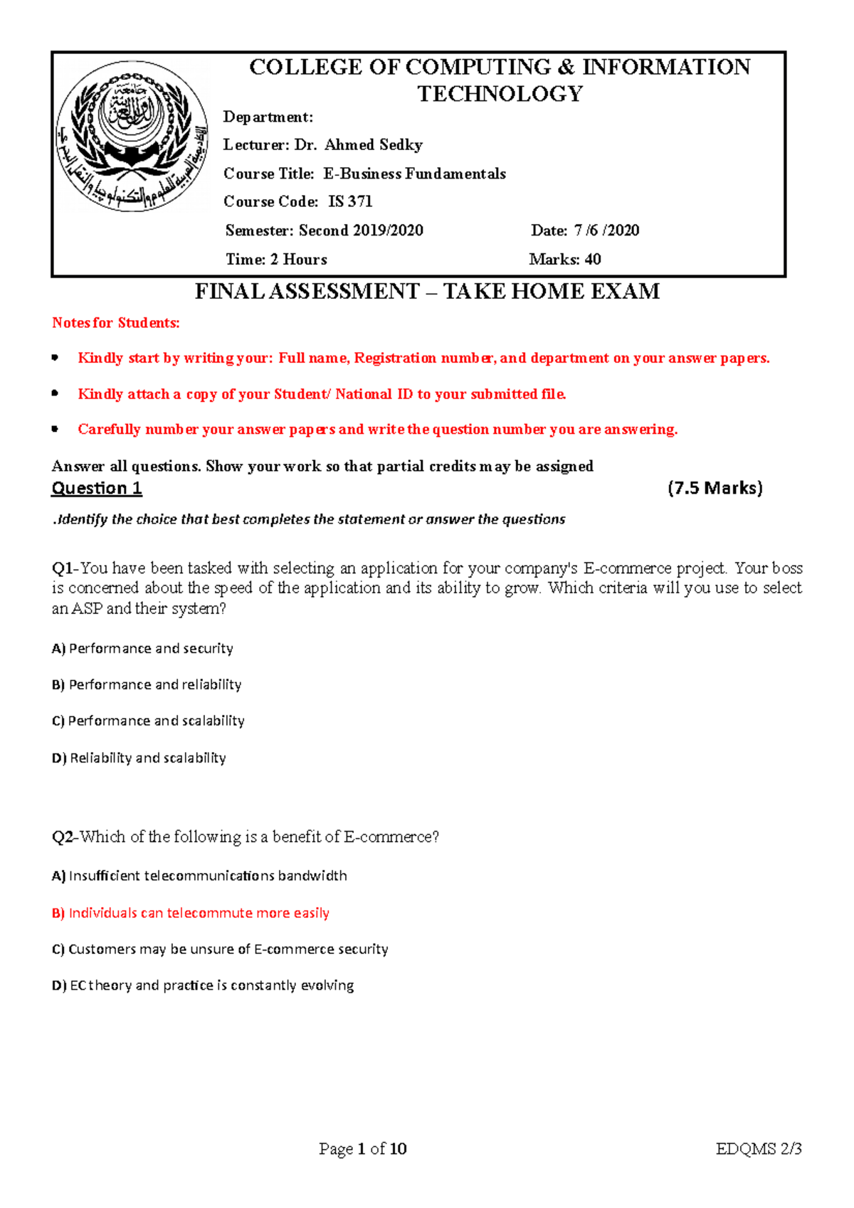 Final Exam E-Business Fundamentals spring 2020-1 - COLLEGE OF COMPUTING ...