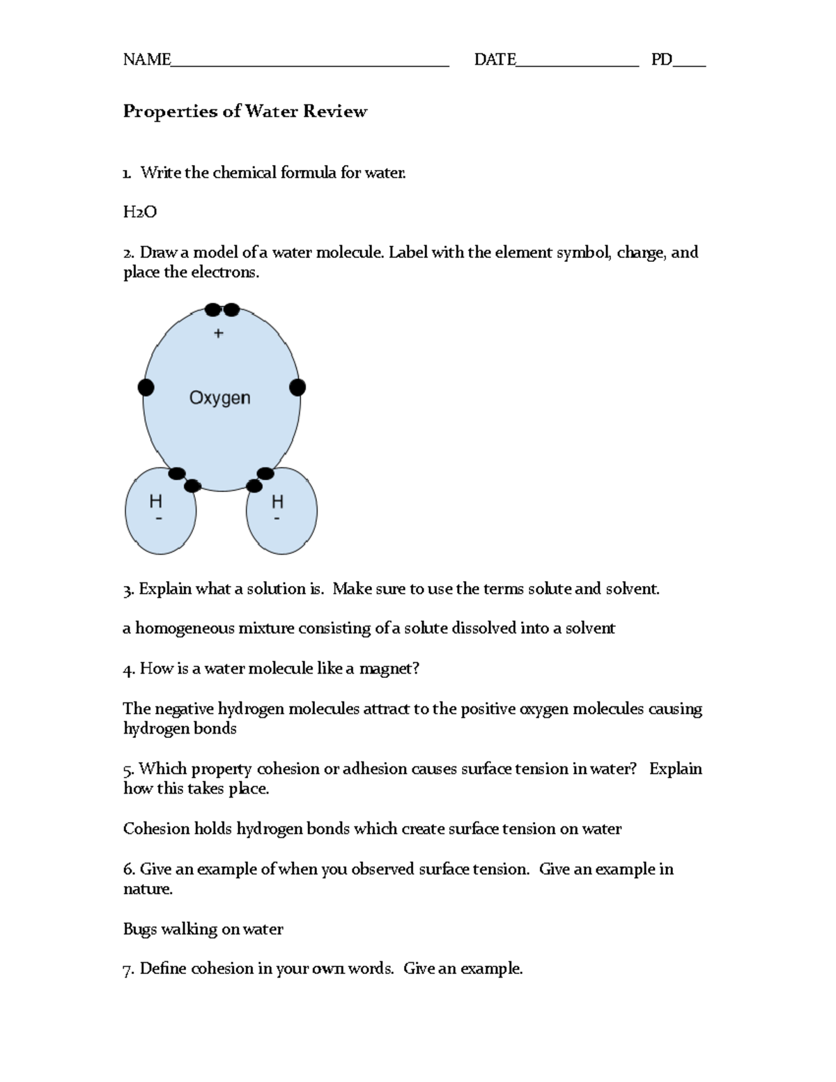 Copy of properties of water review - NAME ...