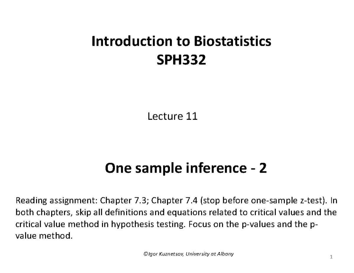 Lecture 11 w/ answers - One sample inference - 2 Introduction to Biostatistics SPH Reading - Studocu