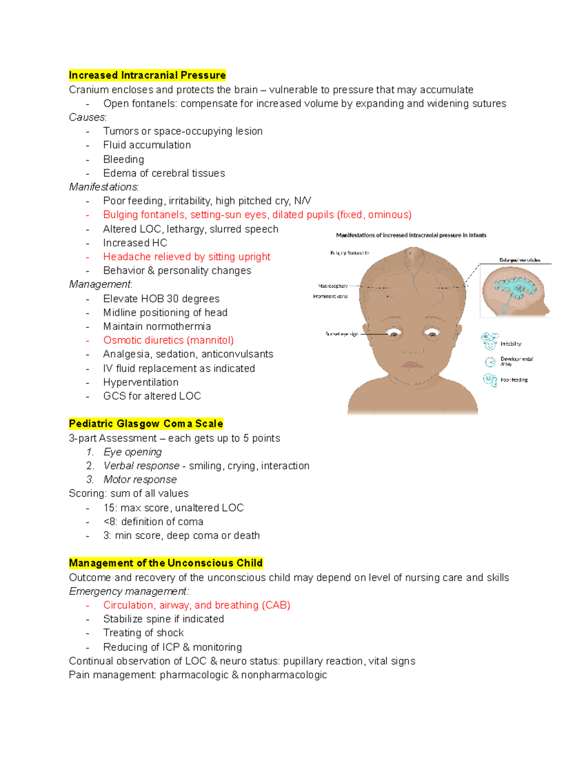 Peds Exam 3 Study Guide - Increased Intracranial Pressure Cranium ...
