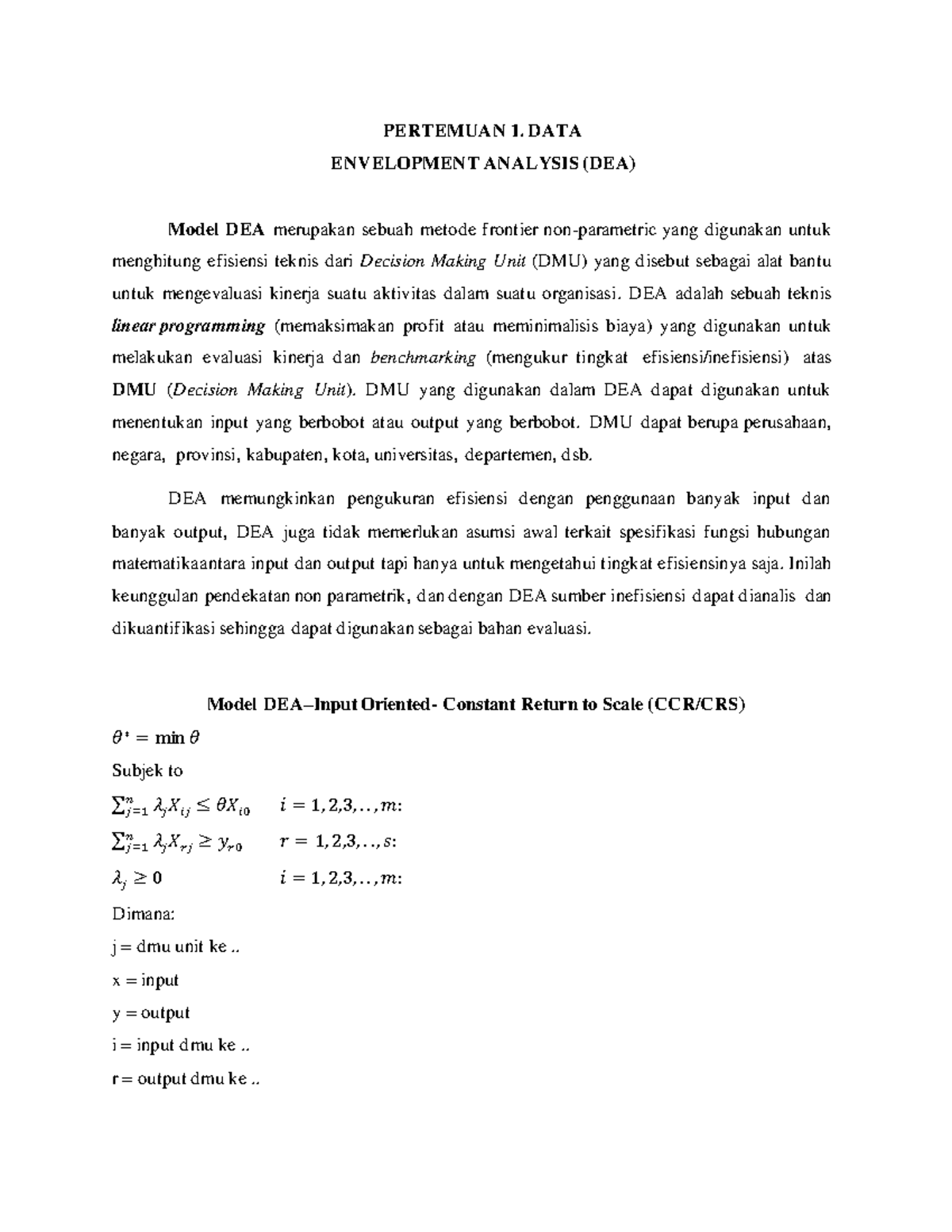 Pengenalan mengenai DEA - PERTEMUAN 1. DATA ENVELOPMENT ANALYSIS (DEA ...