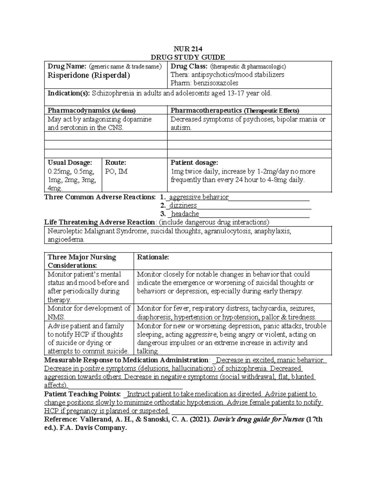 Risperidone (Risperdal) - NUR 214 DRUG STUDY GUIDE Drug Name: (generic ...
