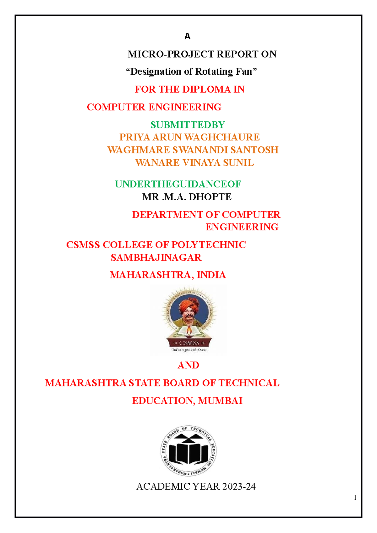 CGR mp-1 - A MICRO-PROJECT REPORT ON “Designation of Rotating Fan” FOR ...