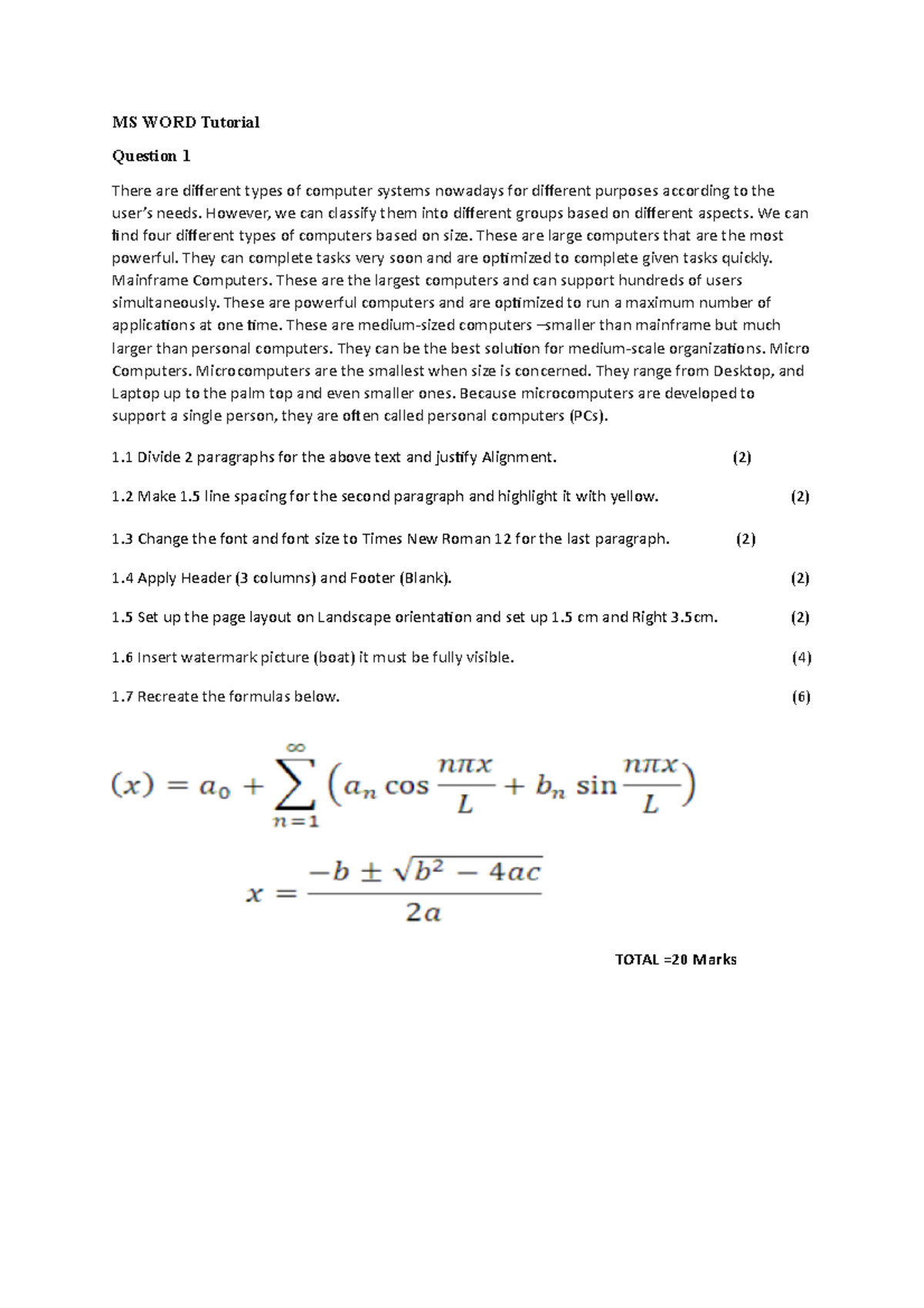 MS WORD Tutorial - self-study document - MS WORD Tutorial Question 1 ...