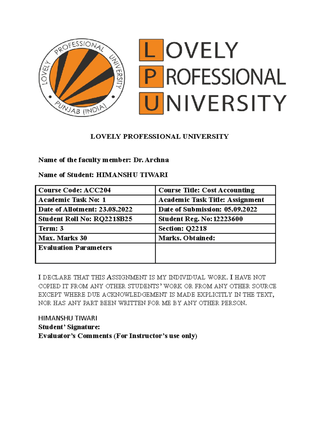 Lovely Professional University - LOVELY PROFESSIONAL UNIVERSITY Name of the faculty member: Dr ...