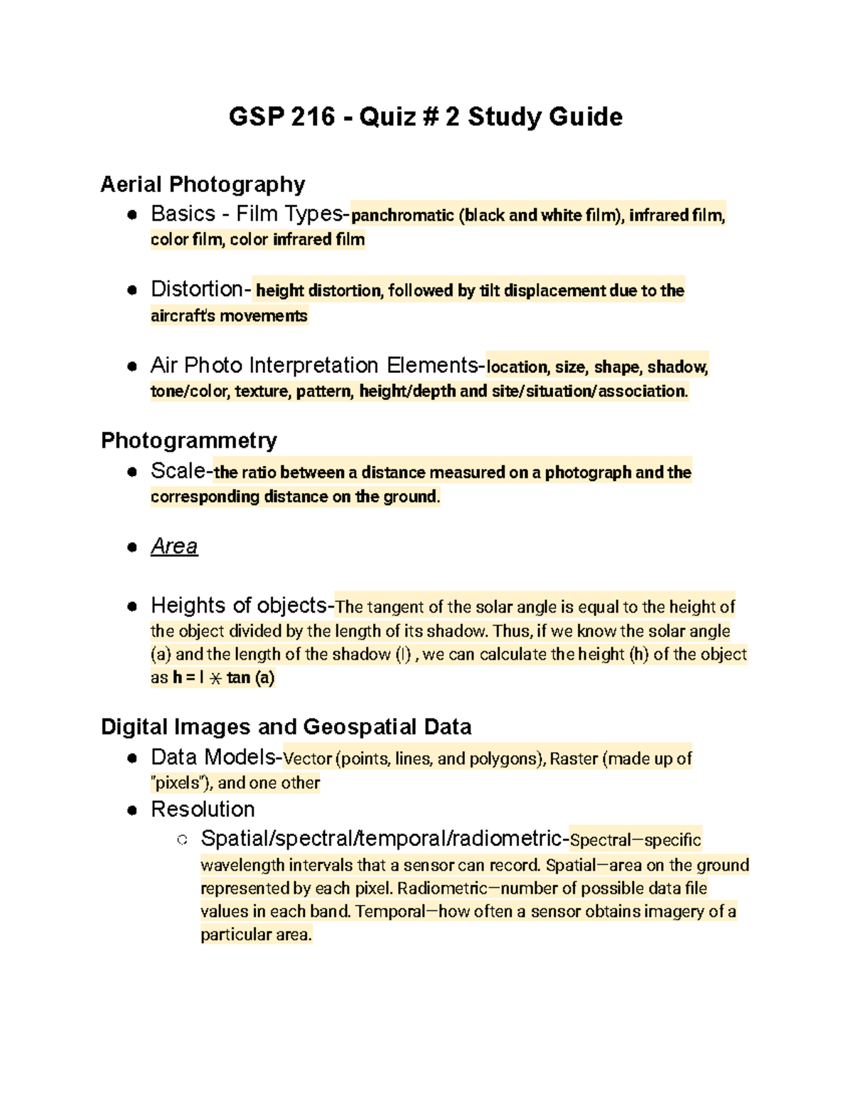 GSP 216 - Quiz # 2 Study Guide - GSP 216 - Quiz # 2 Study Guide Aerial Photography Basics - Film ...