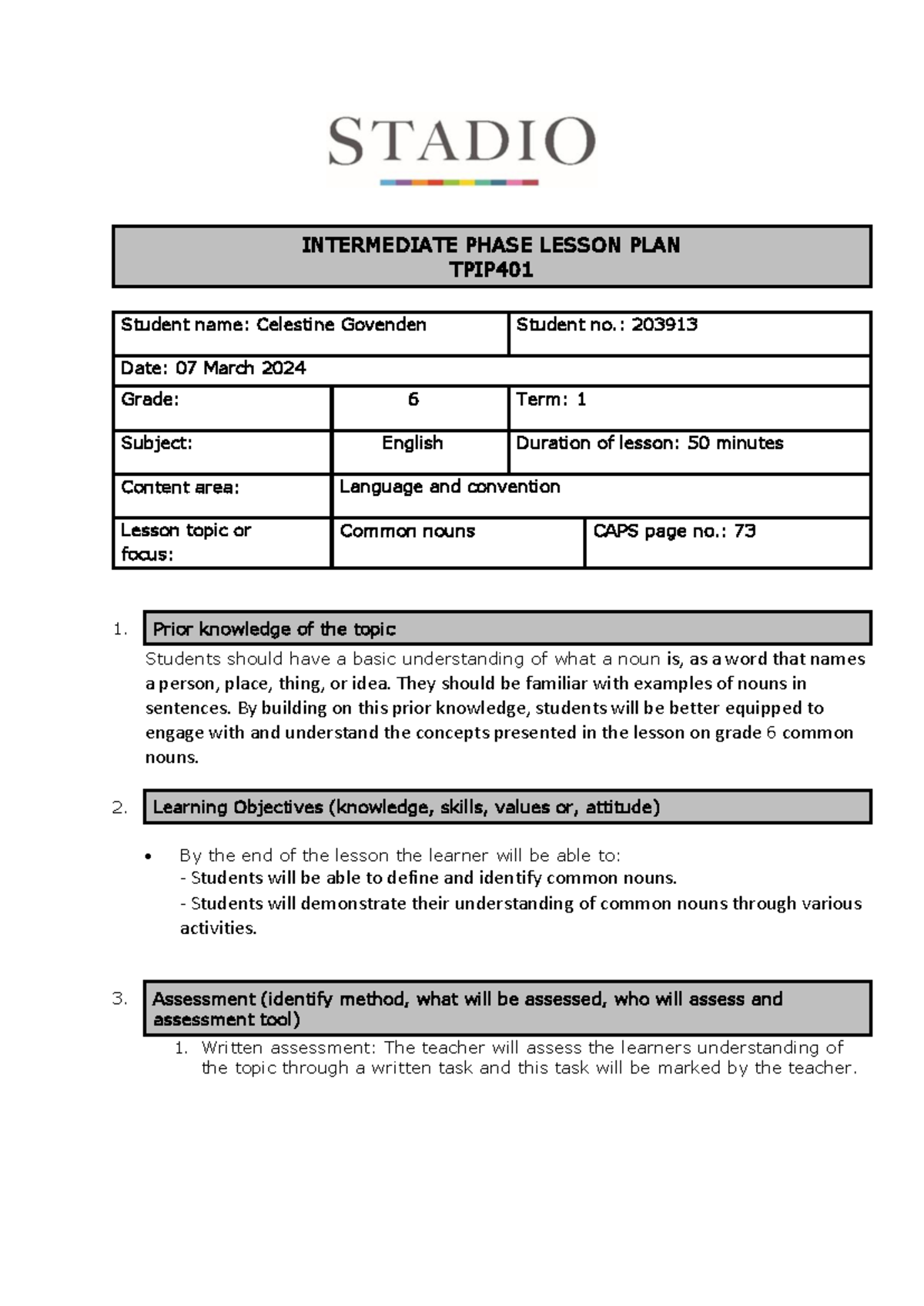 Informal lesson plan 2 - common nouns 2024 - INTERMEDIATE PHASE LESSON ...