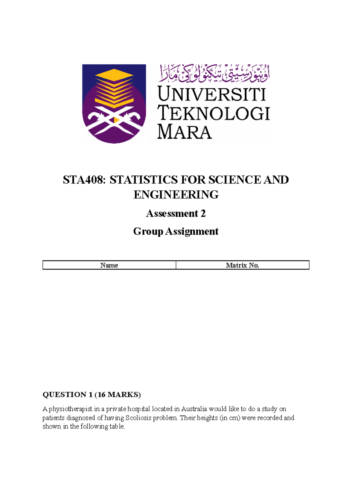 Assignment STA408 - STA408: STATISTICS FOR SCIENCE AND ENGINEERING ...