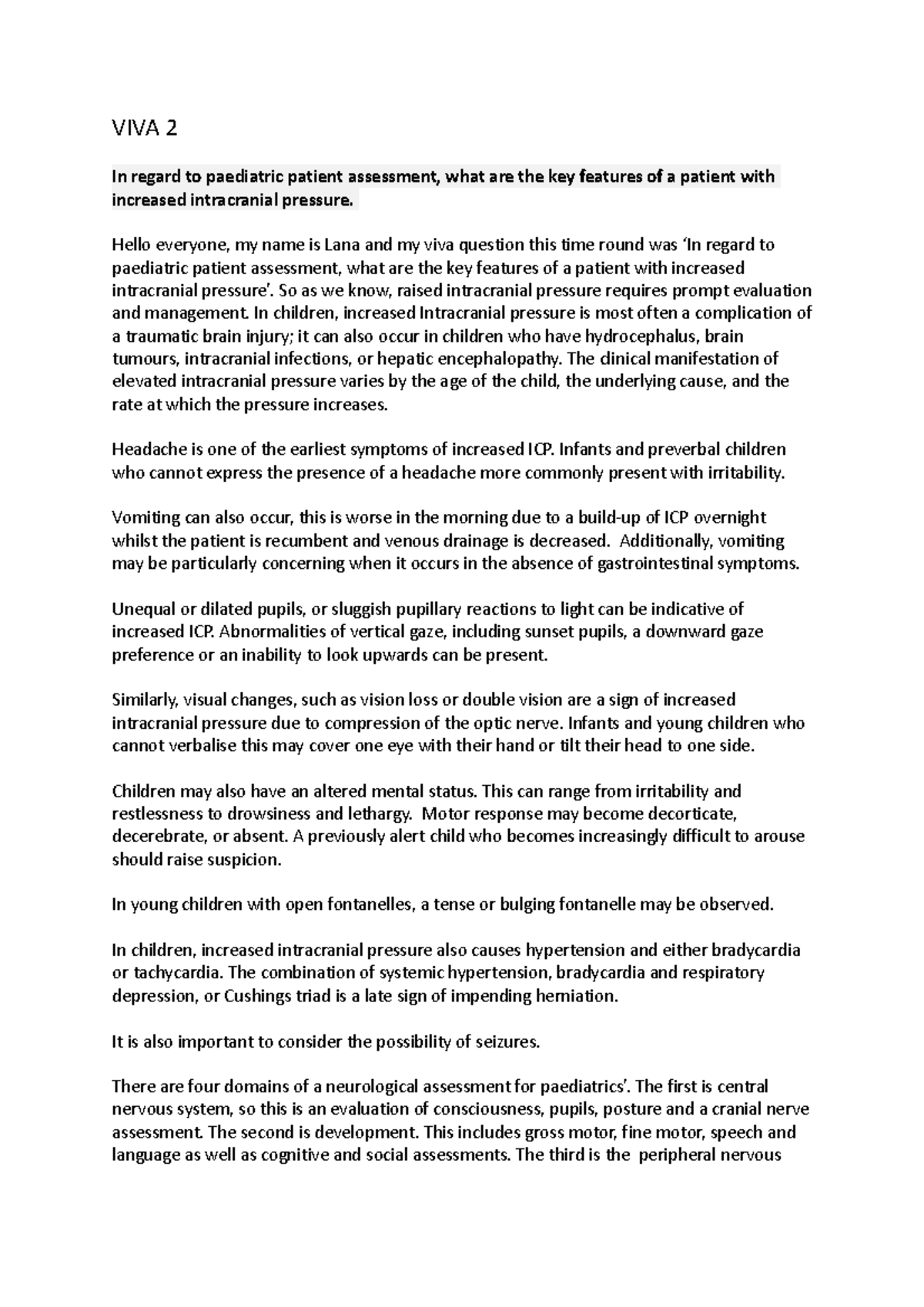 VIVA 2 - Viva Questions Answer - VIVA 2 In regard to paediatric patient ...