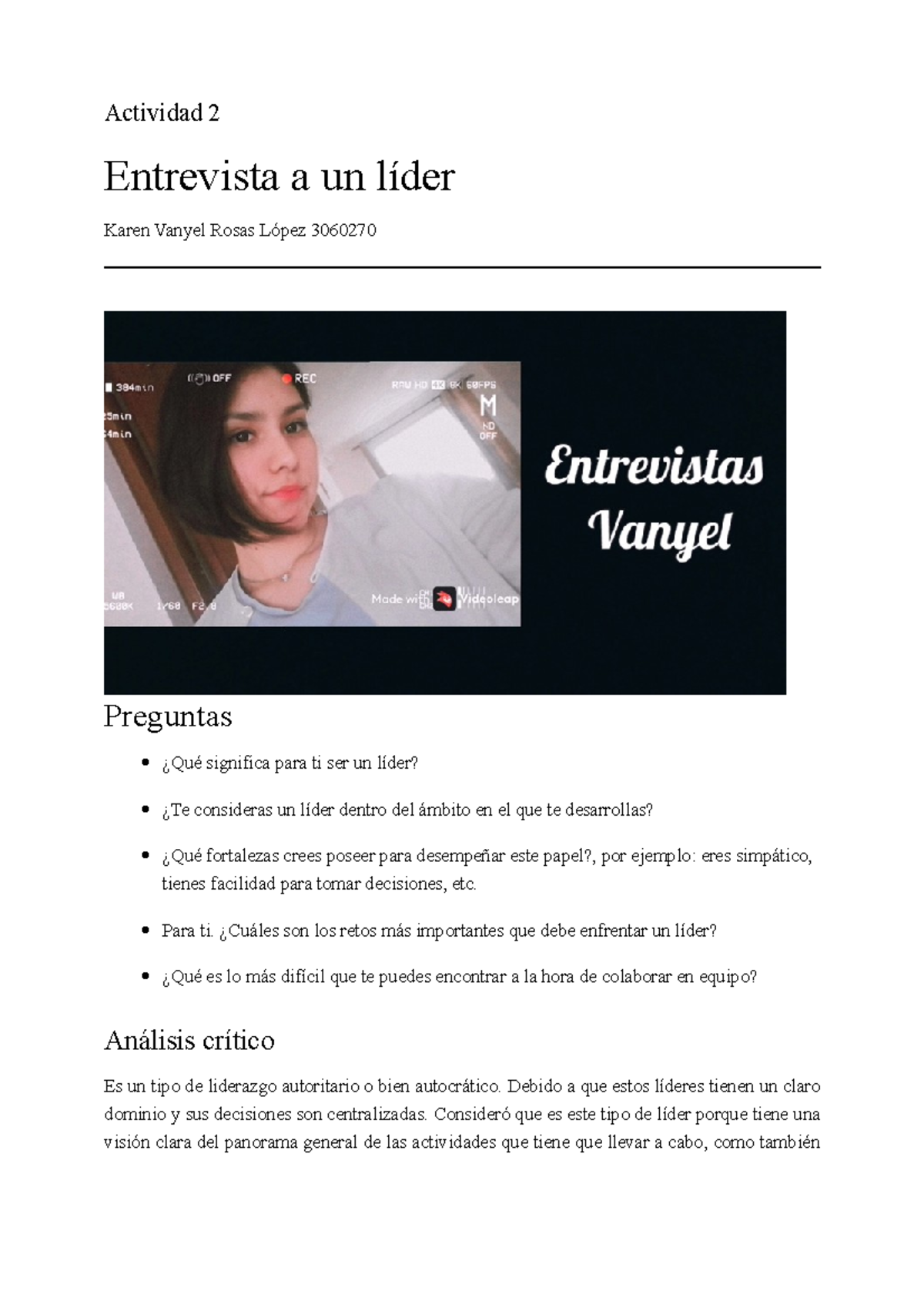 Actividad 2 El líder desde adentro - Actividad 2 Entrevista a un líder ...
