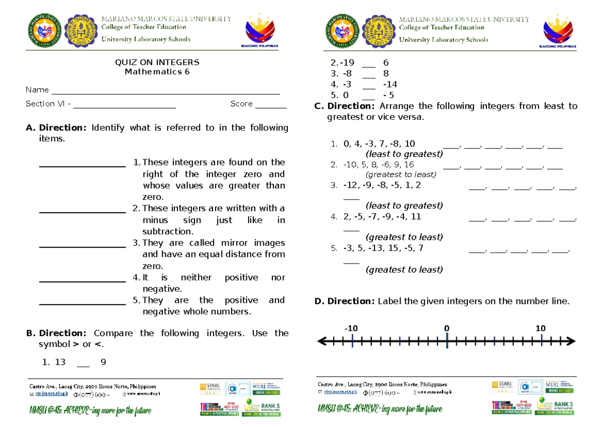 Summative TEST MATH 6 - QUIZ ON INTEGERS Mathematics 6 Name - Studocu