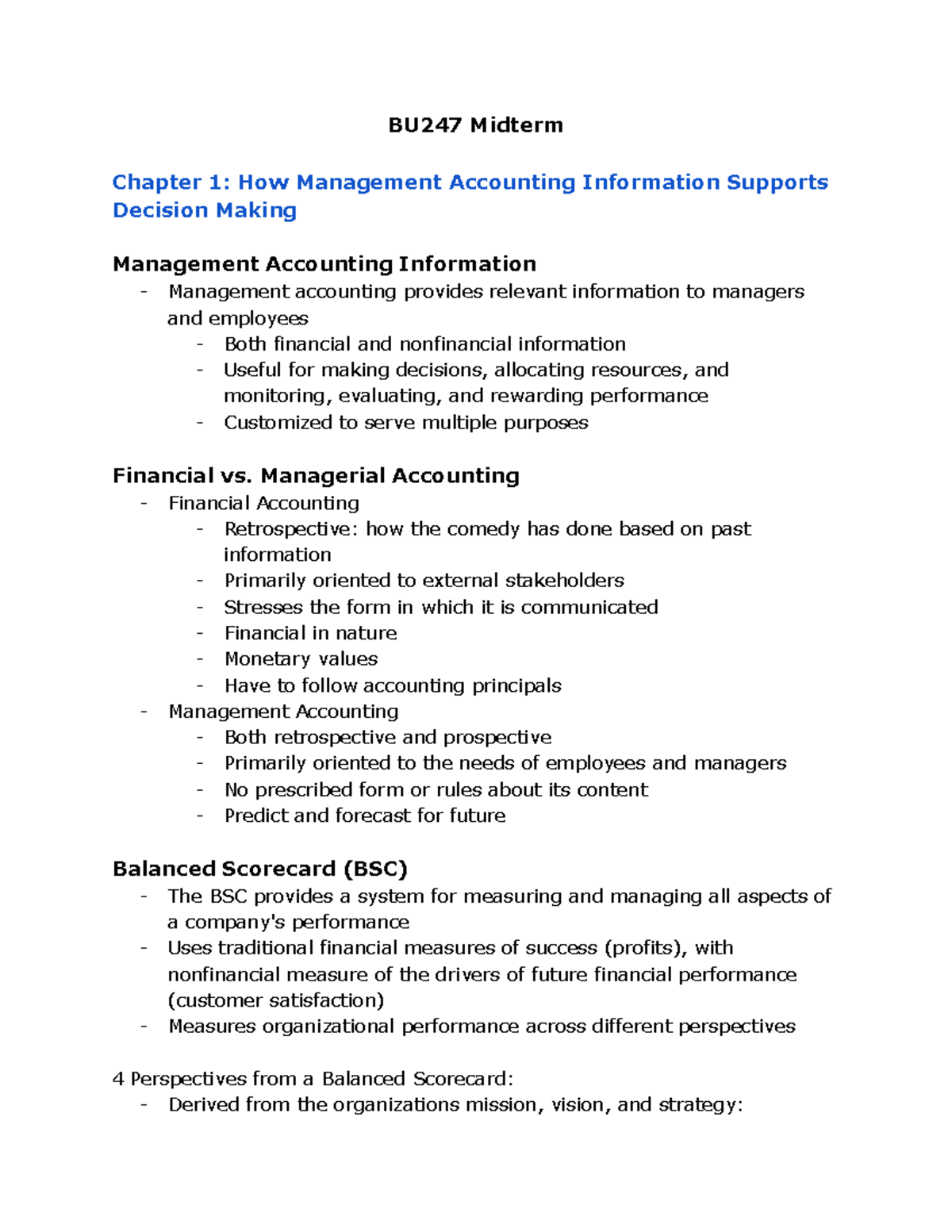 BU247 Midterm - BU247 Midterm Chapter 1: How Management Accounting Information Supports Decision ...