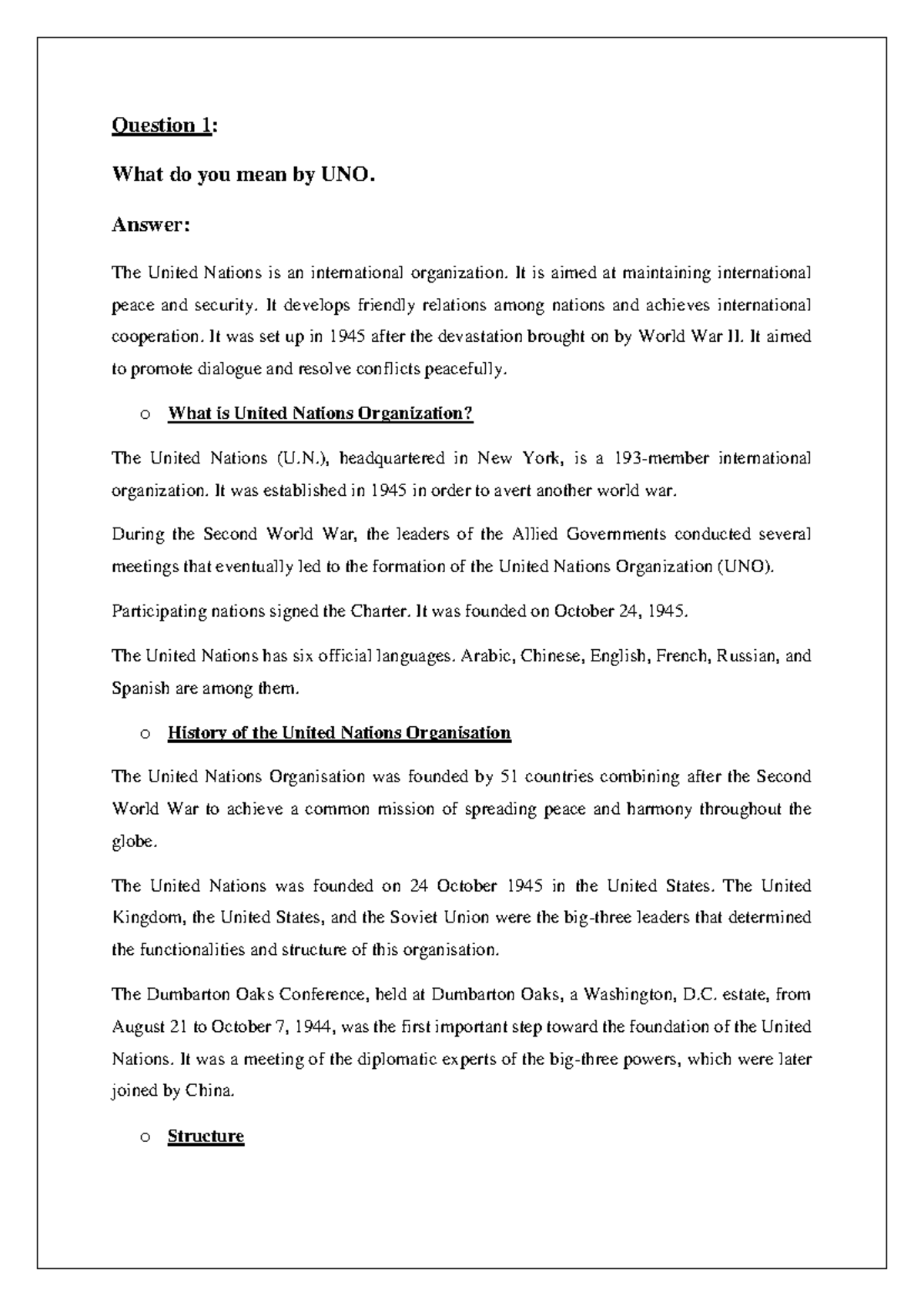 Political science - .... - Question 1: What do you mean by UNO. Answer ...