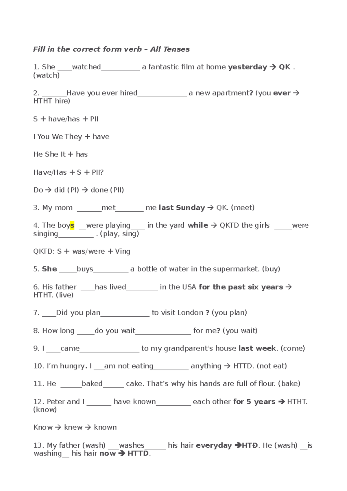 CH A TI NG ANH Fill In The Correct Form Verb All Tenses She