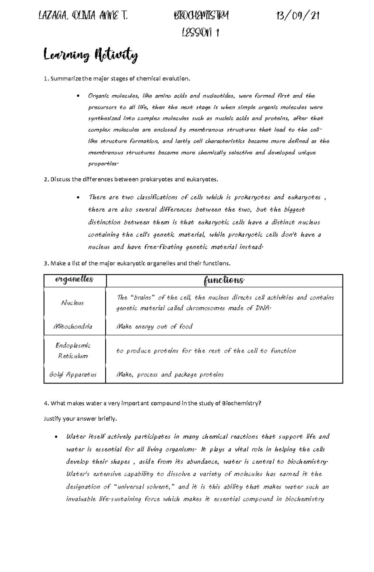 Lesson 1 ( Introduction TO Biochemistry) - 1. Summarize the major ...