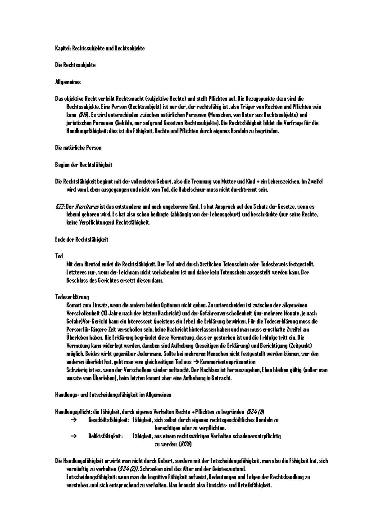 Allgemeiner Teil,2 - Vorlesungsnotizen 2 - Kapitel: Rechtssubjekte und ...