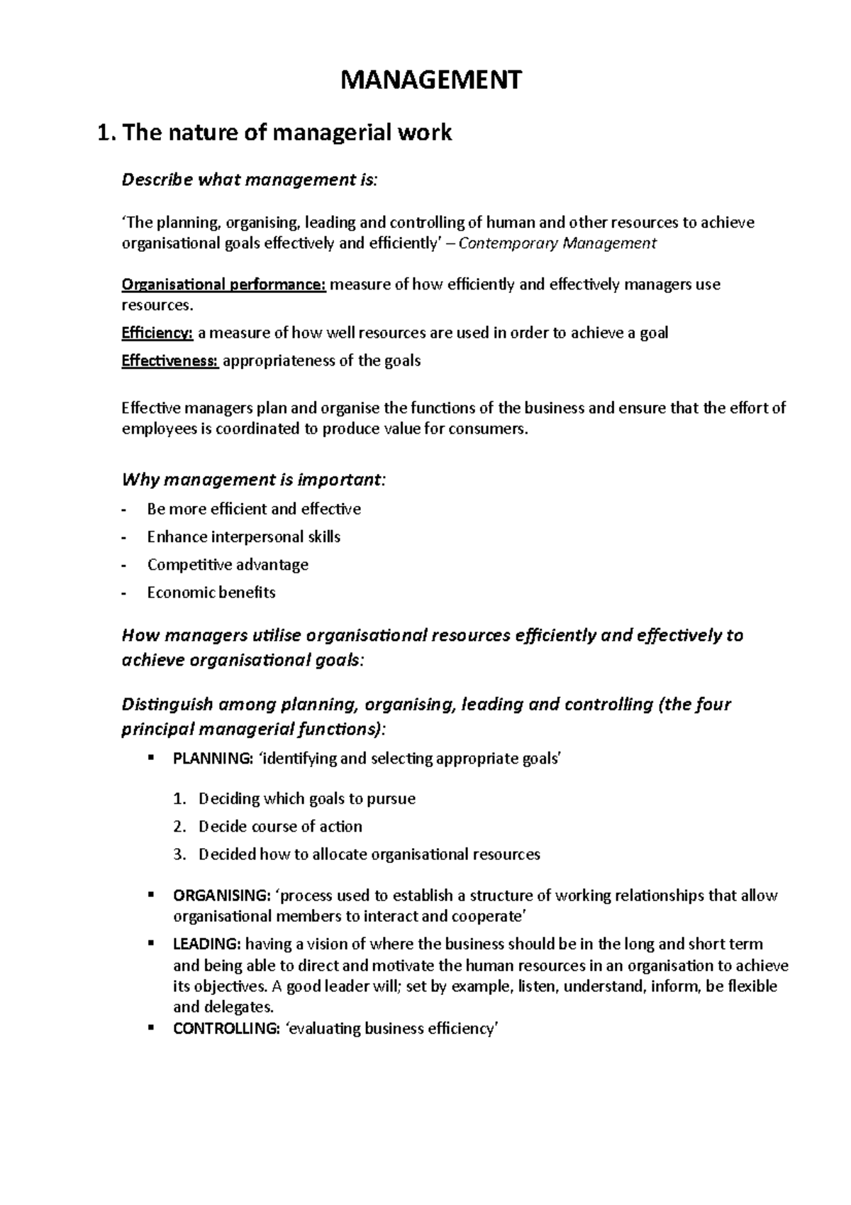 Management Summary - MANAGEMENT 1. The nature of managerial work ...