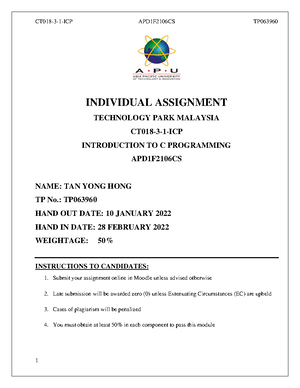 C Individual Assignment - INDIVIDUAL ASSIGNMENT TECHNOLOGY PARK MALAYSIA CT018-3-1-ICP ...
