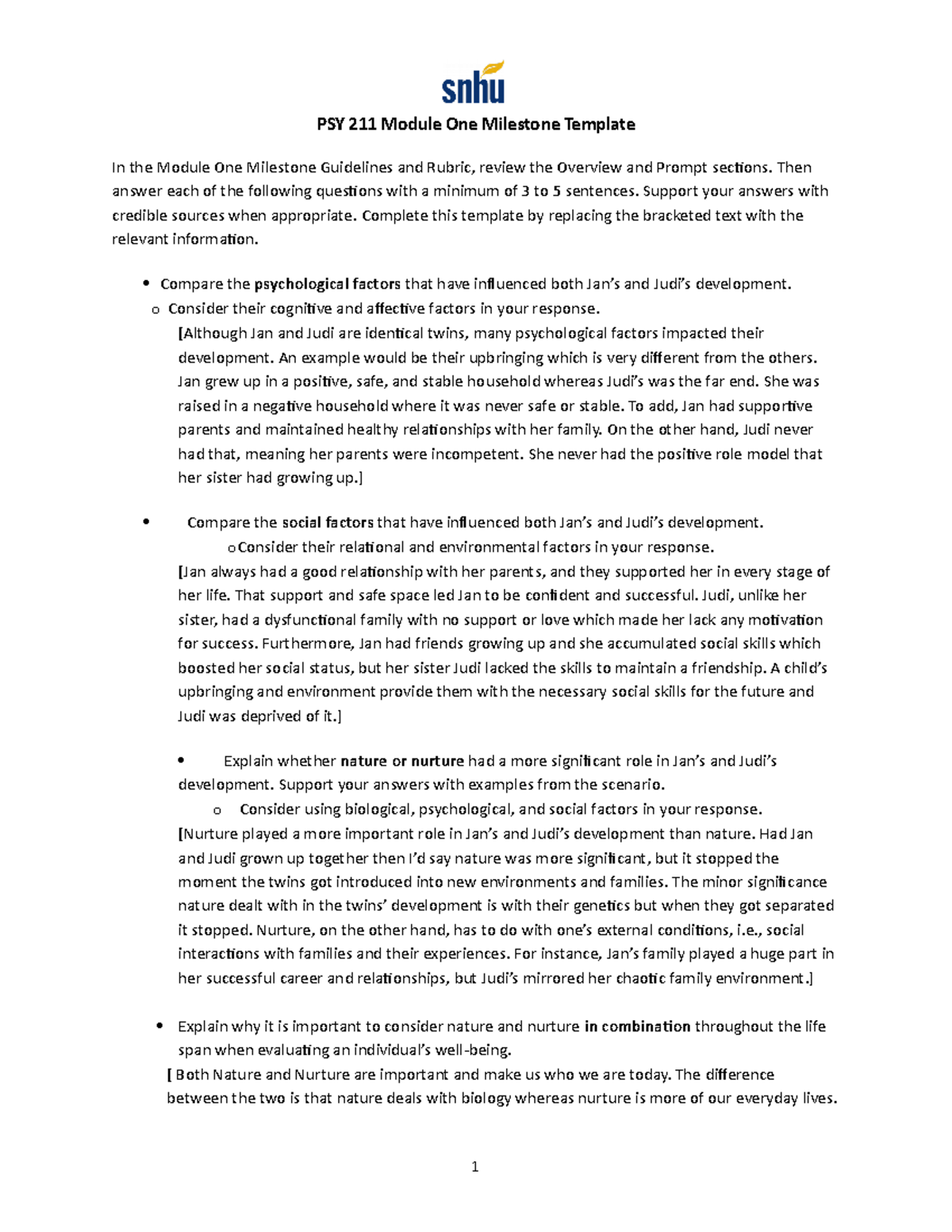 PSY 211 Module One Milestone Template - Then answer each of the ...
