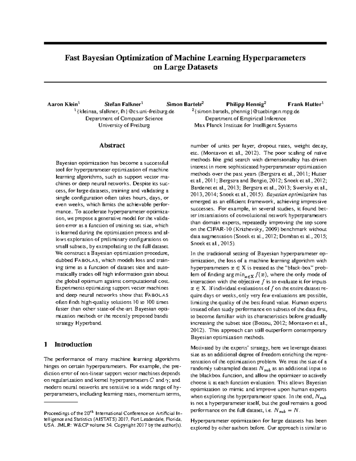 Fast Bayesian Optimization Of Machine Learning Hyperparameters On Large Datasets Uni Freiburg