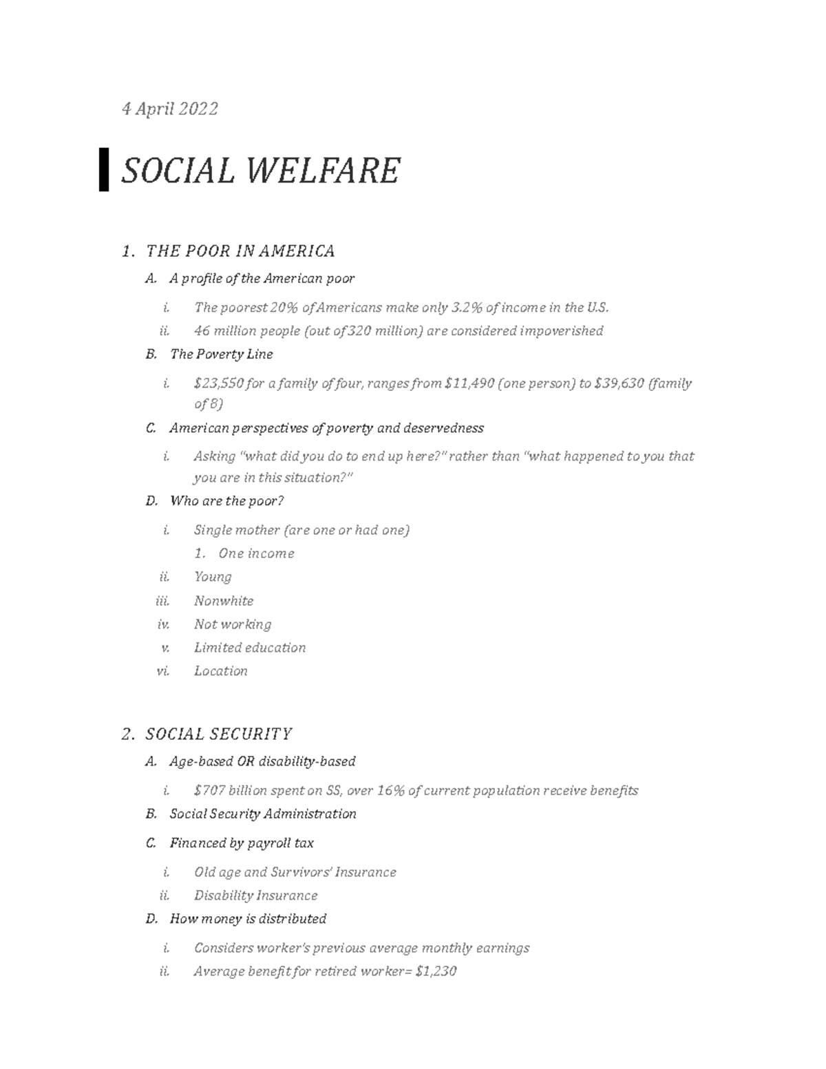 PS 234-Social Welfare - Lecture Notes - 4 April 2022 SOCIAL WELFARE 1 ...
