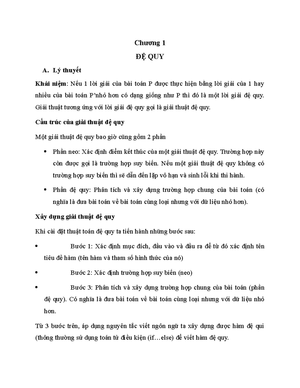 Lab01 Dequy - not - Chương 1 ĐỆ QUY A. Lý thuyết Khái niệm: Nếu 1 lời ...