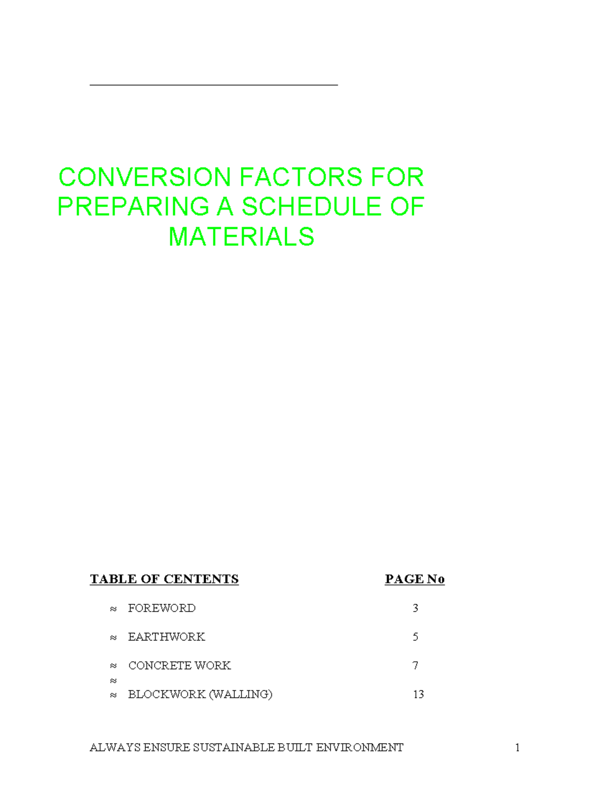 Conversion Factors FOR Preparing A Schedule OF Materials - CONVERSION ...