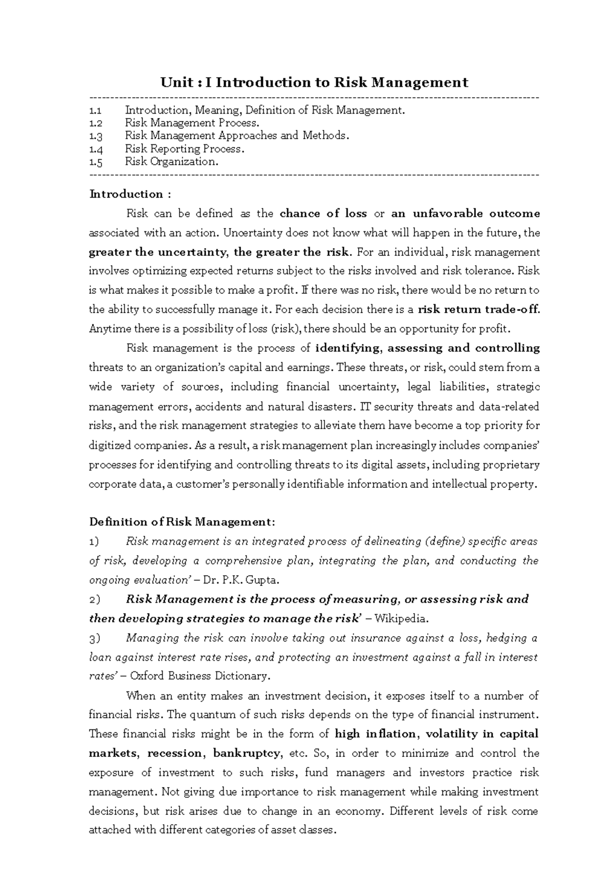 1 Inroduction to risk management - Unit : I Introduction to Risk ...
