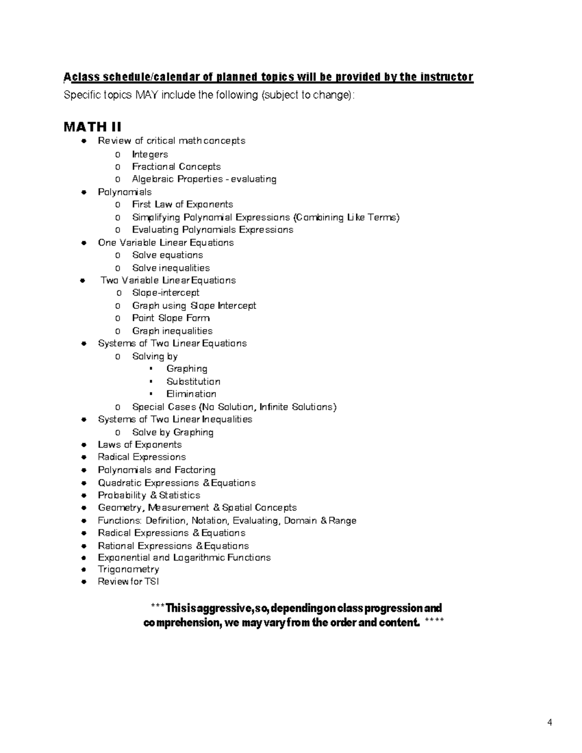 Math 2 topics - .e. - 4 A class schedule/calendar of planned topics ...