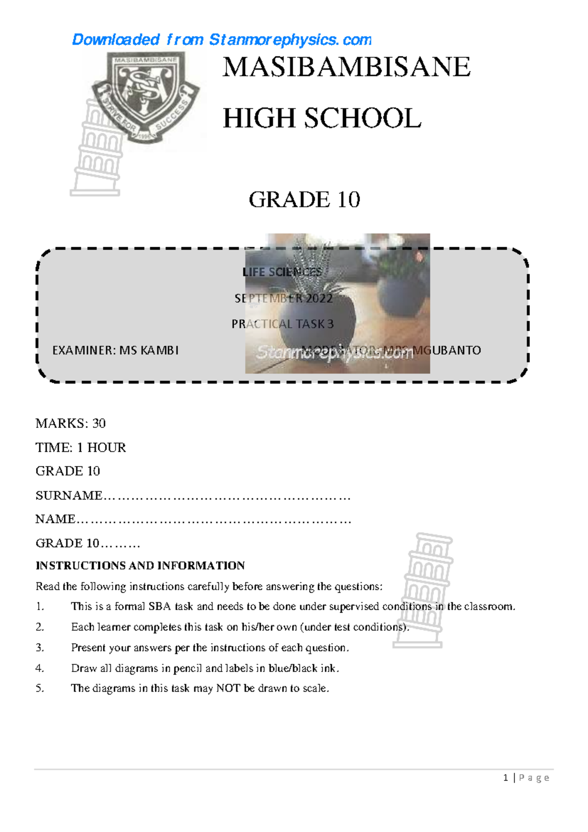 Life Sciences Grade 10 TERM 3 Practical Task 2022 and Memo - 1 | P a g ...