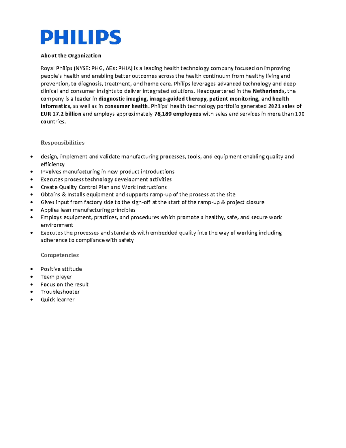 Project Management - JD - About the Organization Royal Philips (NYSE ...