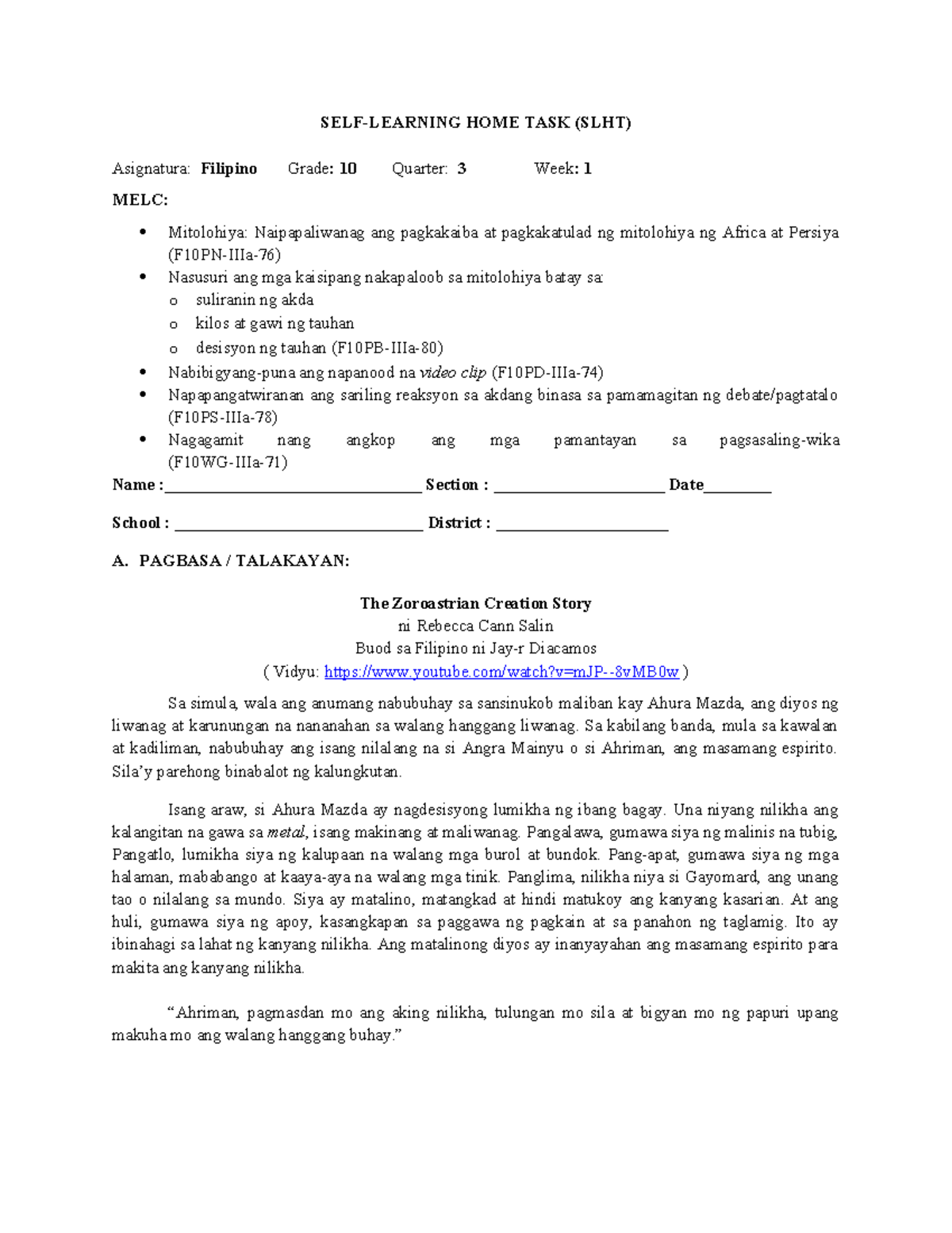 502173506 Q3SLHT WEEK1 Filipino 10 Gng Aparre - SELF-LEARNING HOME TASK (SLHT) Asignatura ...