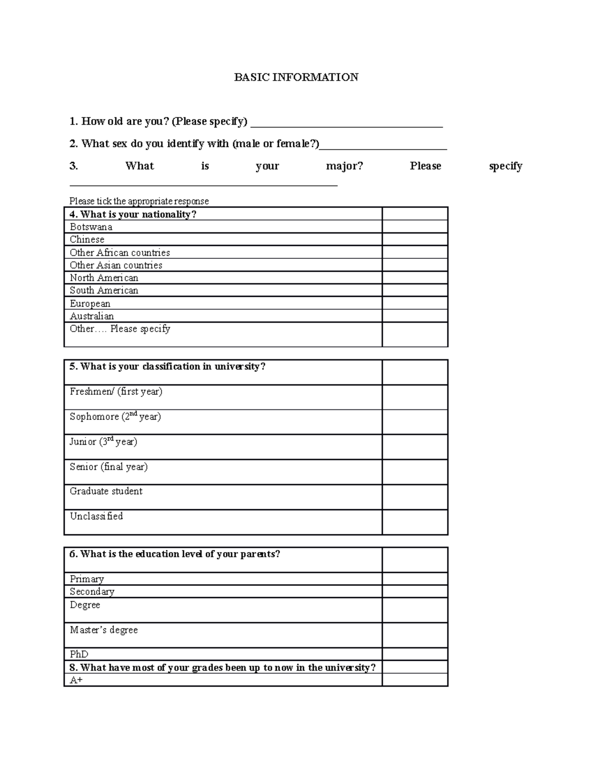 Basic Information - Introduction to questionaire writting - BASIC ...