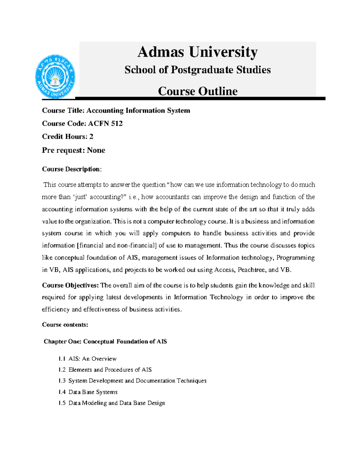 Accounting Information System - Admas University School of Postgraduate ...