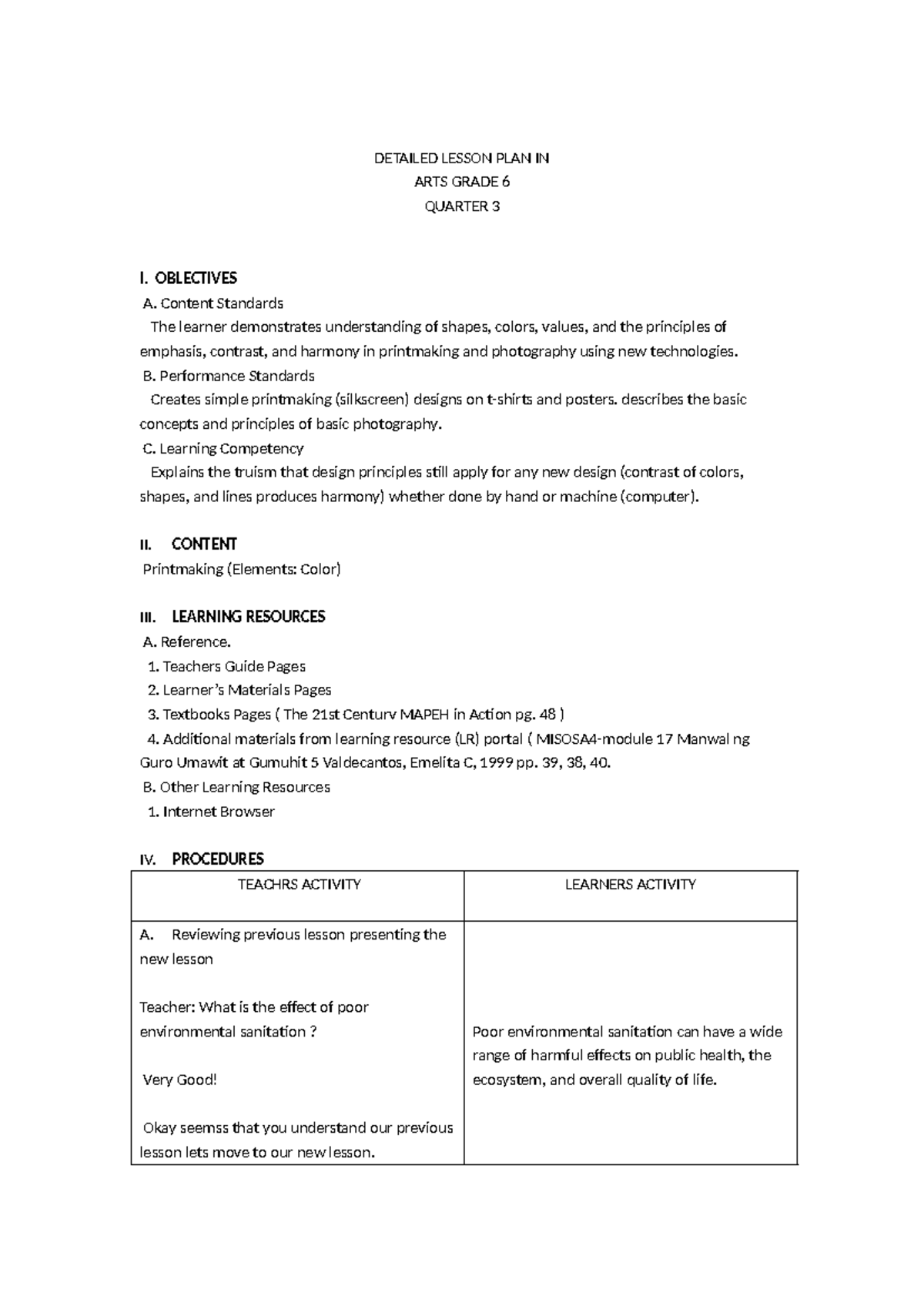 Detailed Lesson - DETAILED LESSON PLAN IN ARTS GRADE 6 QUARTER 3 I ...