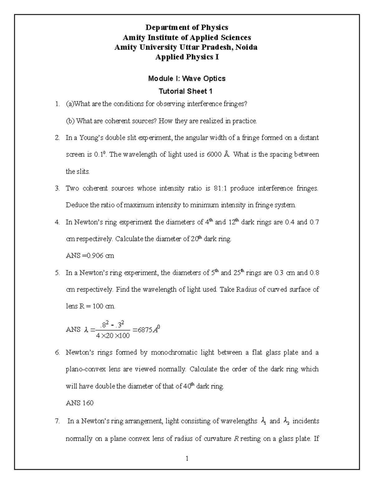 Tutorial Sheet Engineering Physics - Amity Institute of Applied ...