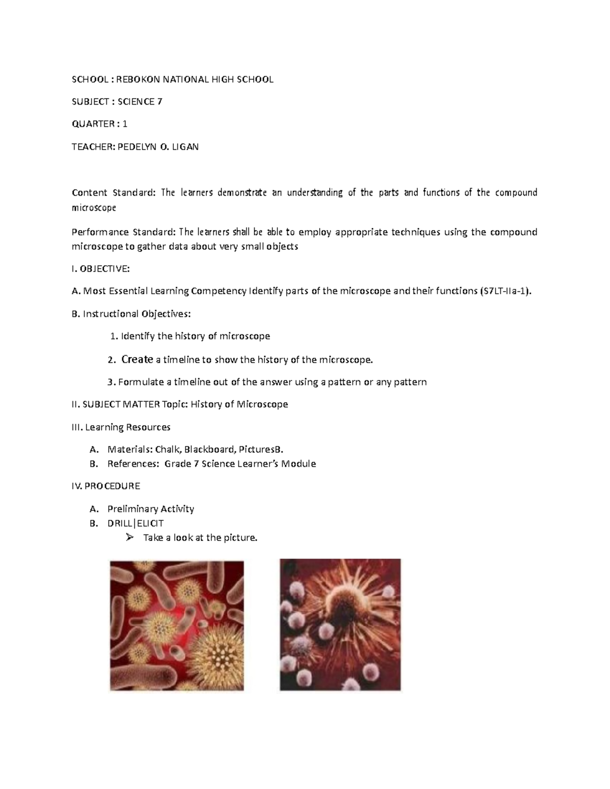 Microscope DLP - Semi-detailed lesson plan - SCHOOL : REBOKON NATIONAL ...