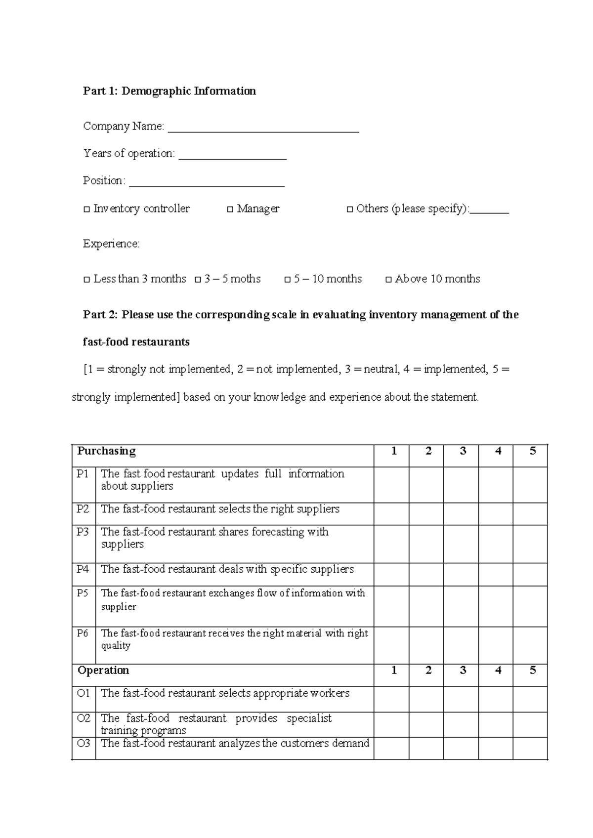 Questionnaire about company - [1 = strongly not implemented, 2 = not ...