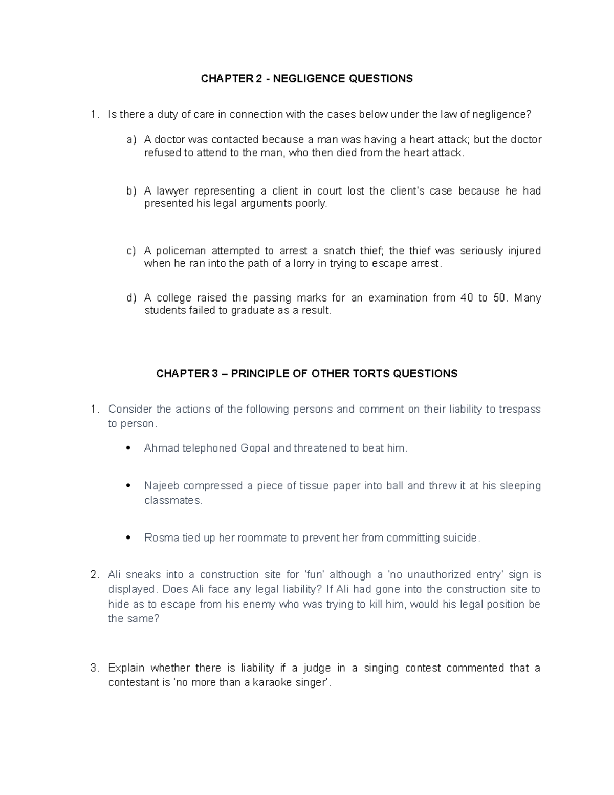 Liability Tutorial - CHAPTER 2 - NEGLIGENCE QUESTIONS Is there a duty ...