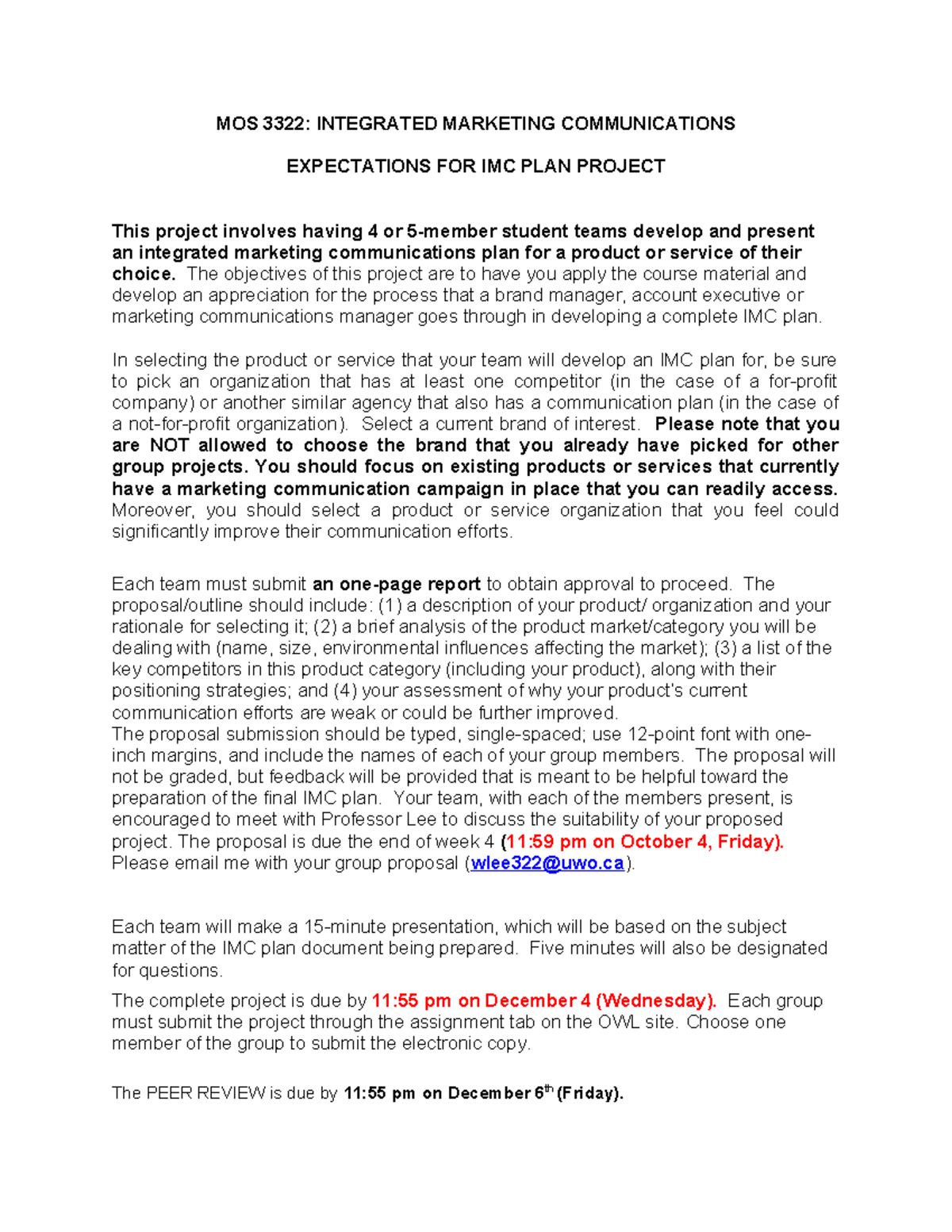 IMC Plan Guidelines - notes - MOS 3322: INTEGRATED MARKETING ...