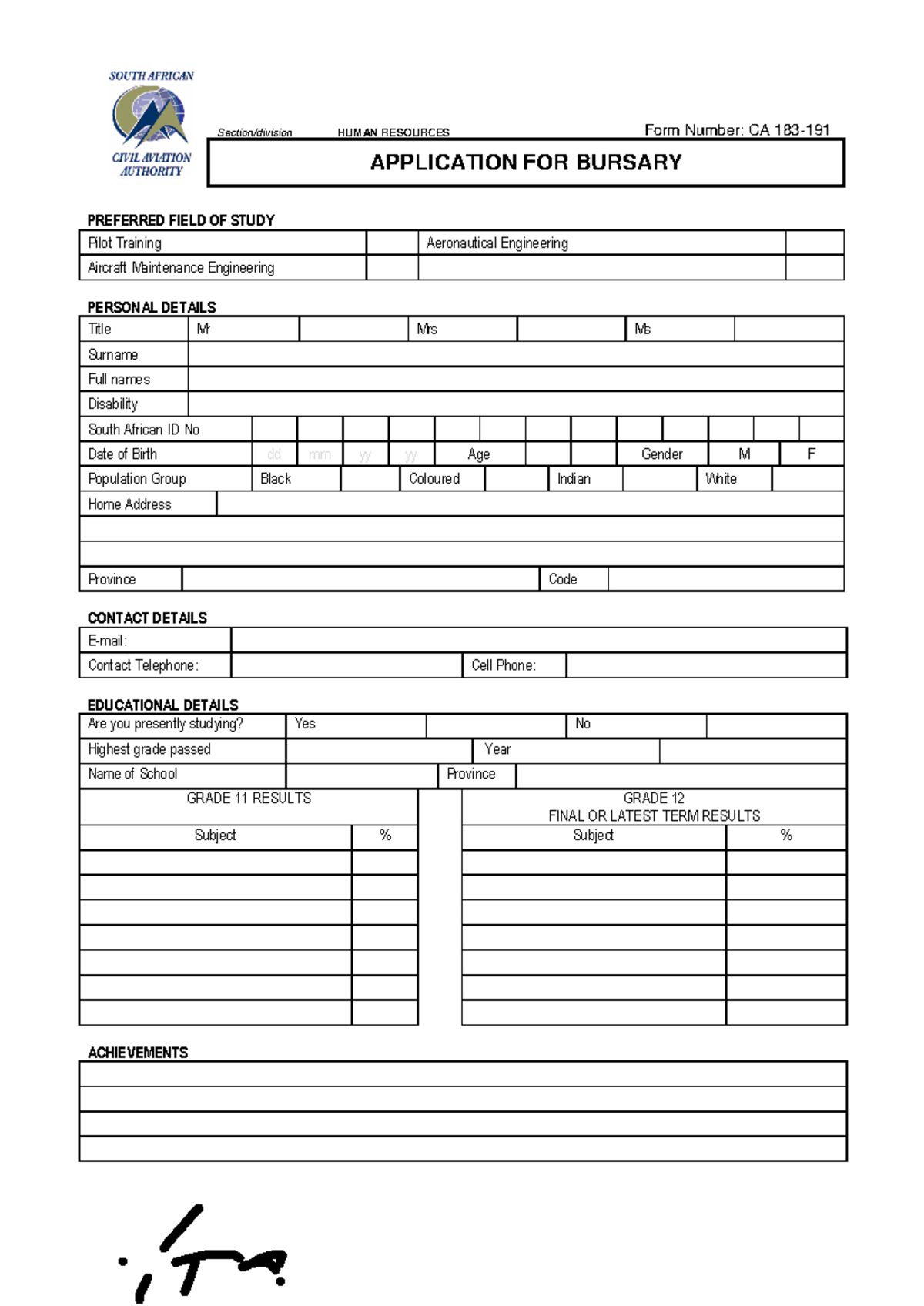 Sacaa Bursary Application Form1 - Section/division HUMAN RESOURCES Form ...