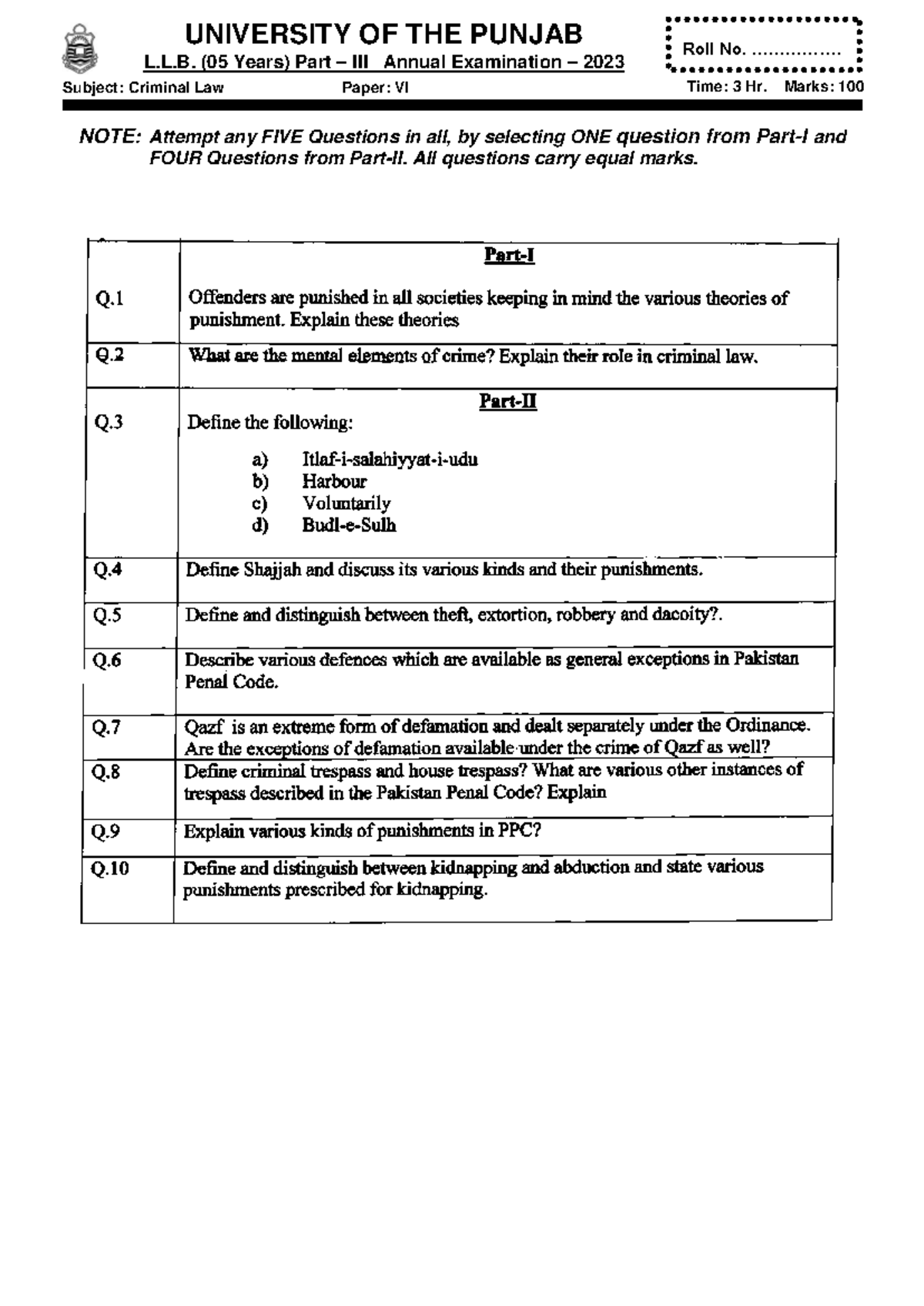 LLB PIII 5Year Paper 6 - wefgwgw - NOTE: Attempt any FIVE Questions in all, by selecting ONE ...