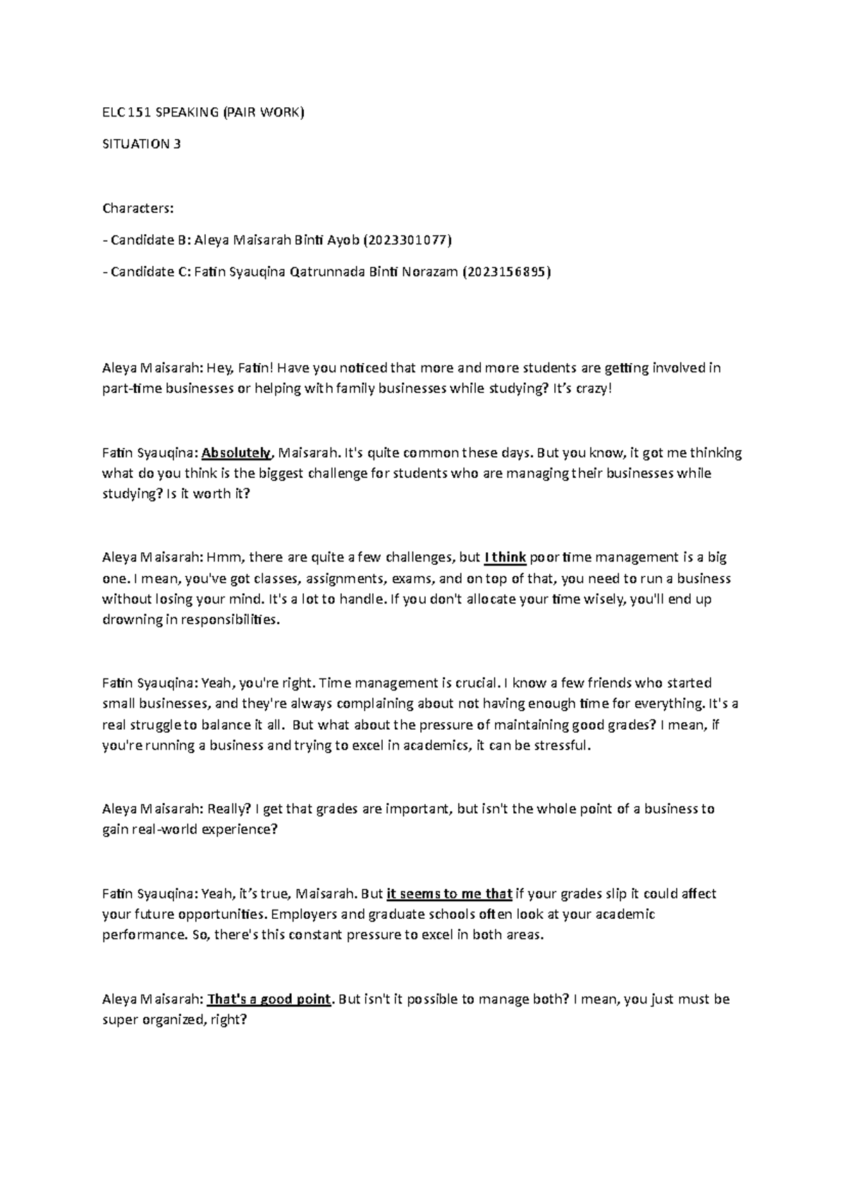 ELC151 Script FOR Speaking (PAIR WORK) - ELC 151 SPEAKING (PAIR WORK ...