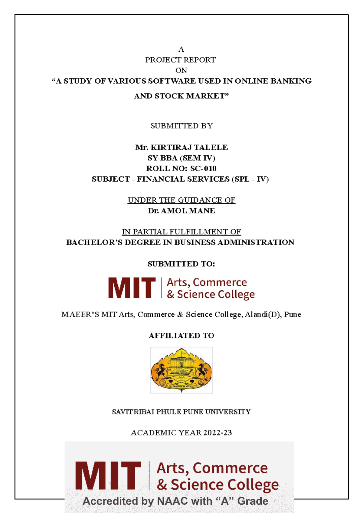 Cover Page Sem IV Kirtiraj - A PROJECT REPORT ON “A STUDY OF VARIOUS ...