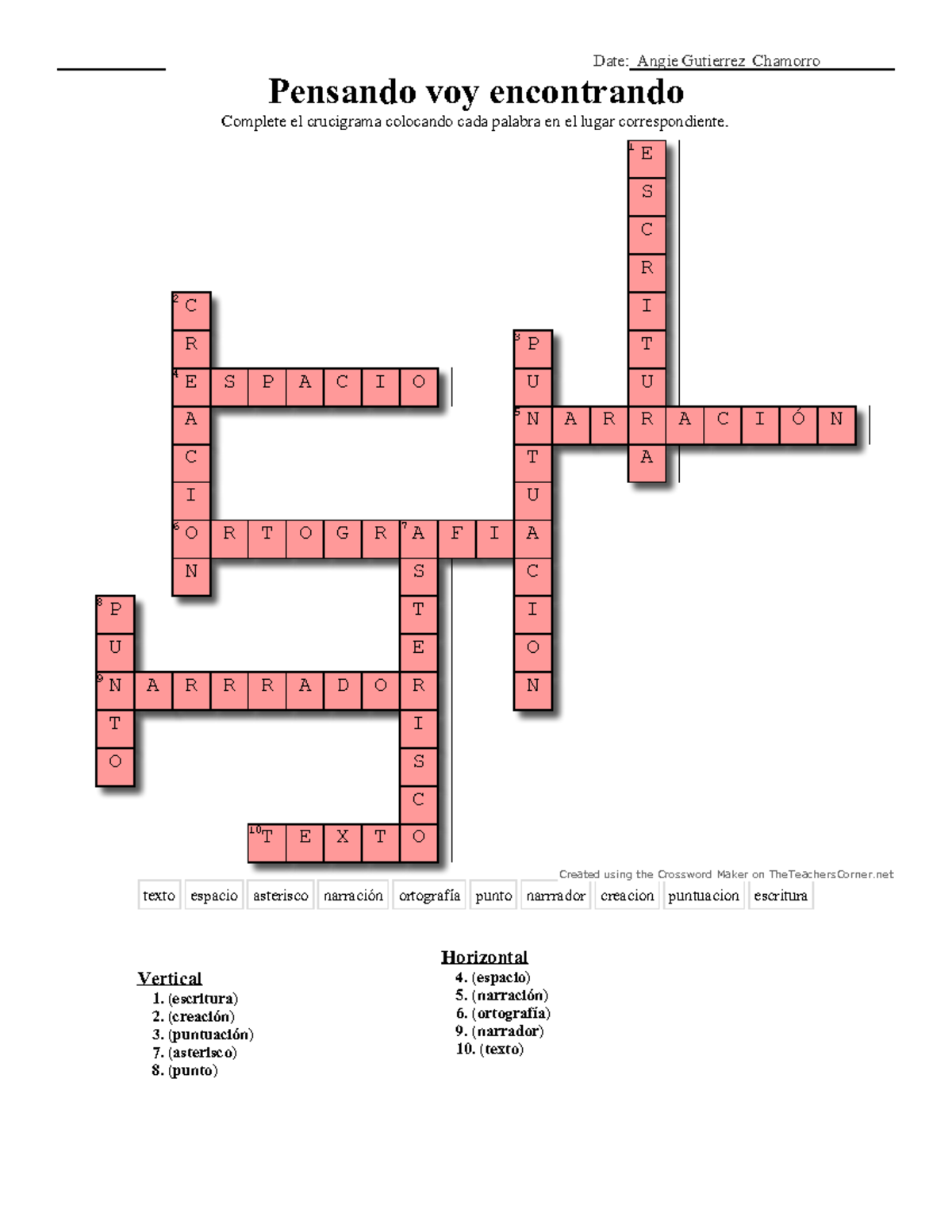 Crucigrama - bueno - Pensando voy encontrando Complete el crucigrama ...